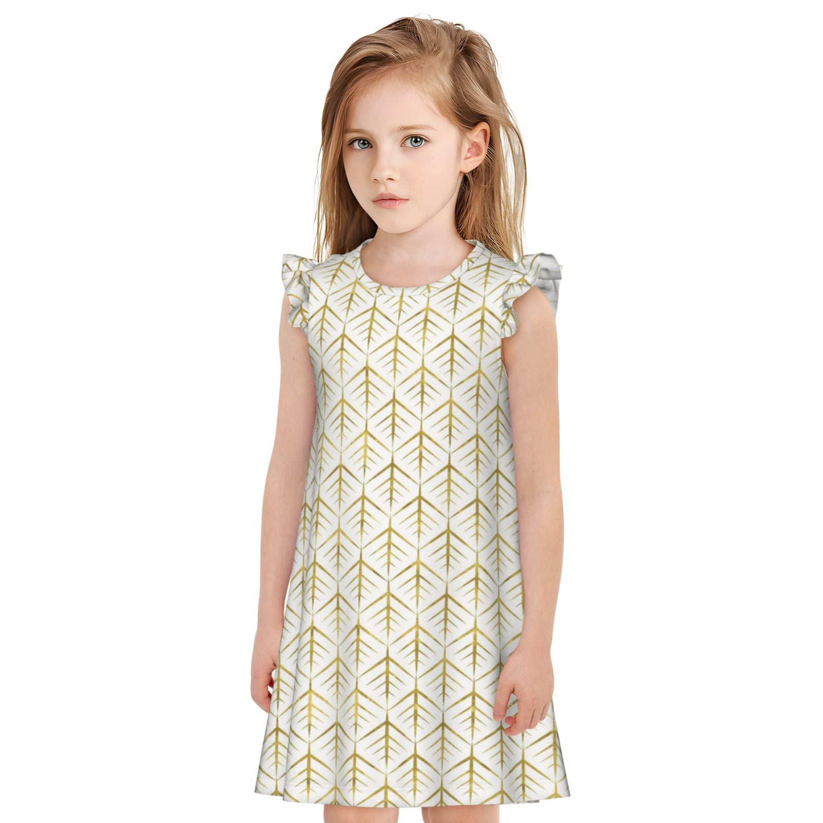 Tebeau White And Gold Geometry Print Girls Nightgowns Flutter Sleeve ...
