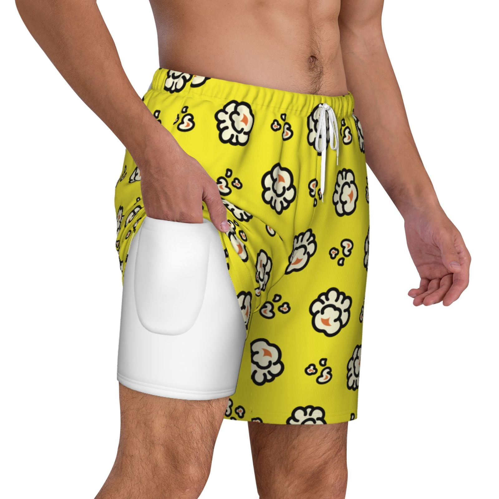Tebeau White Popcorn Print Men's Swim Trunks with Compression Liner ...