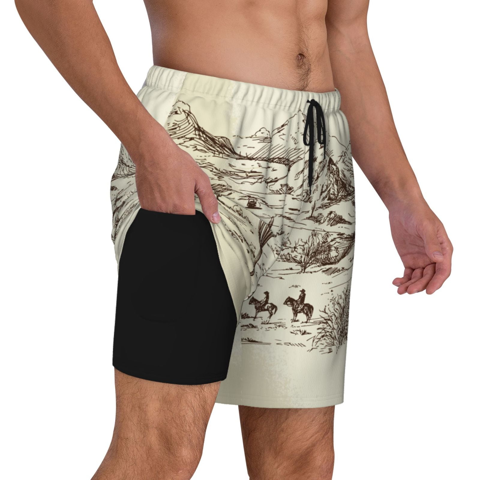 Tebeau Wild West Desert With Cowboys Print Men's Swim Trunks with ...