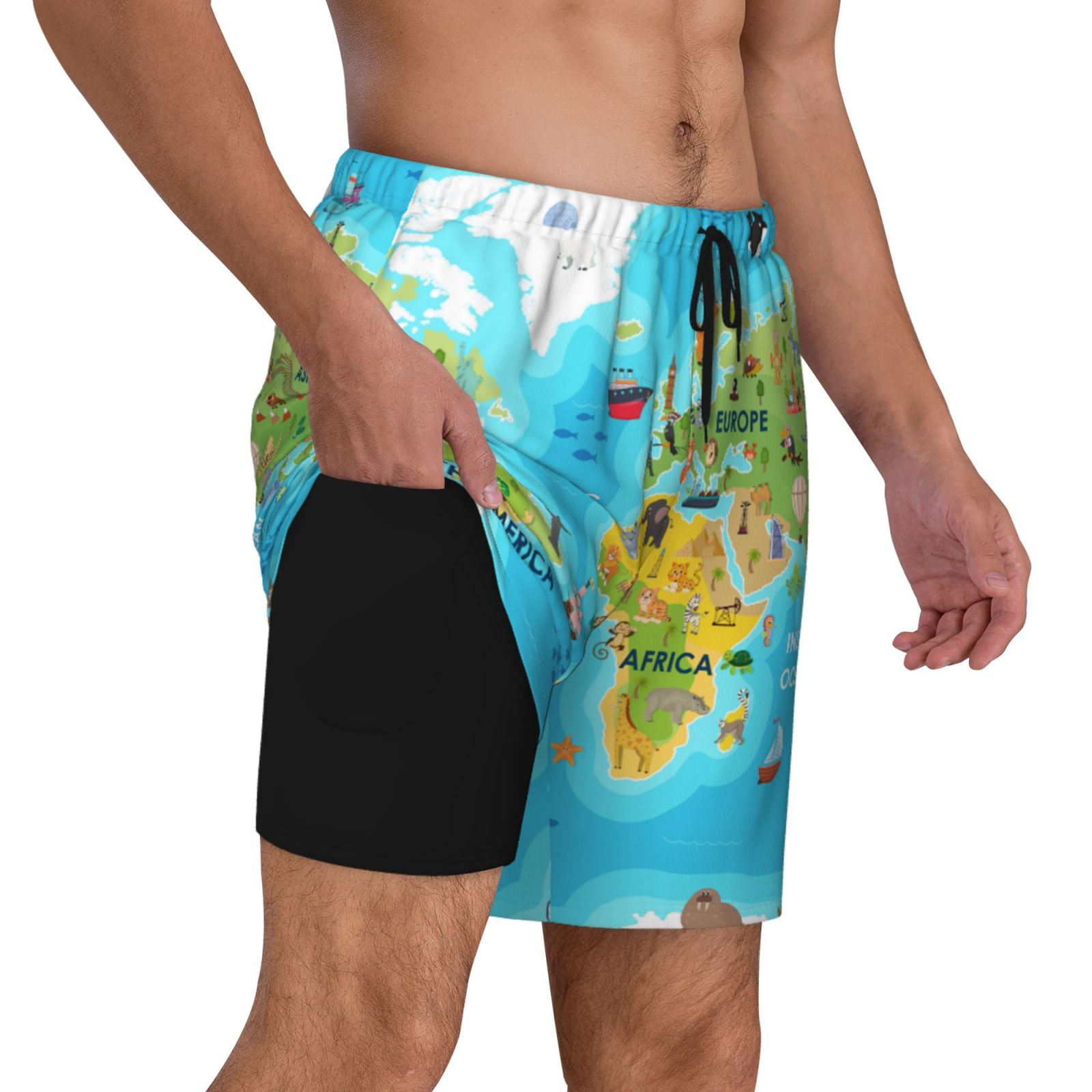 Tebeau World Map With Animals Landmarks Print Men's Swim Trunks with ...