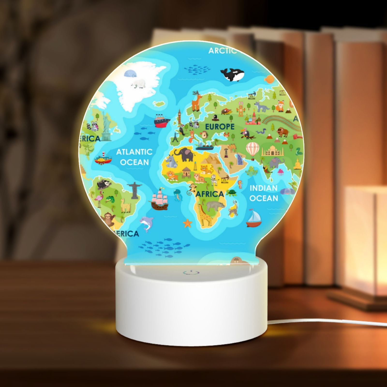 Tebeau World Map With Animals Landmarks Print Round Acrylic Night Light ...