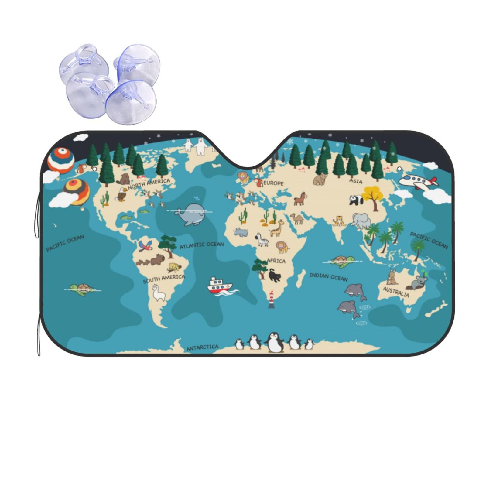 Tebeau World Map With Animal Print Foldable Car Windshield Sun Shades ...
