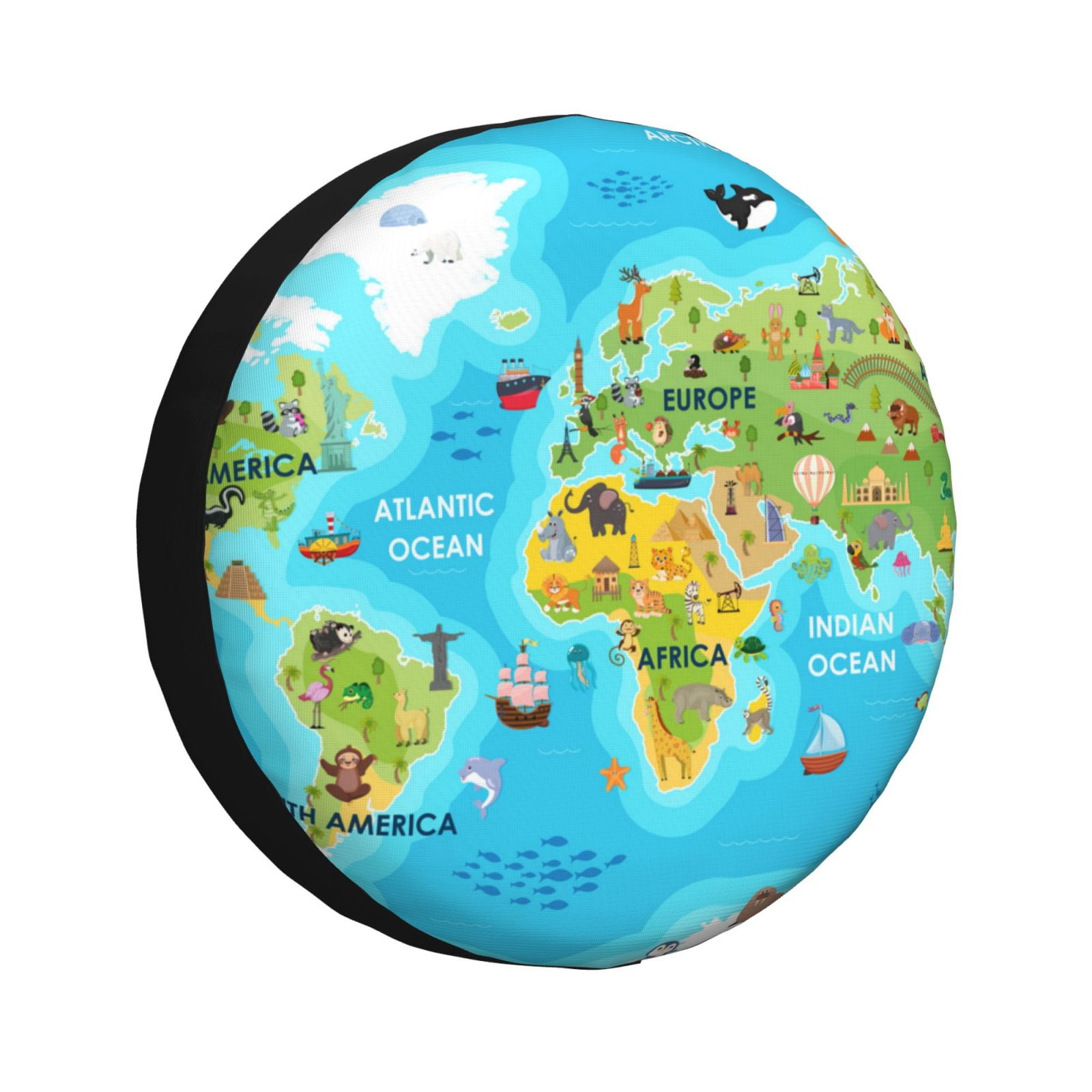 Tebeau World Map With Animals Landmarks Print Spare Tire Cover Wheel ...