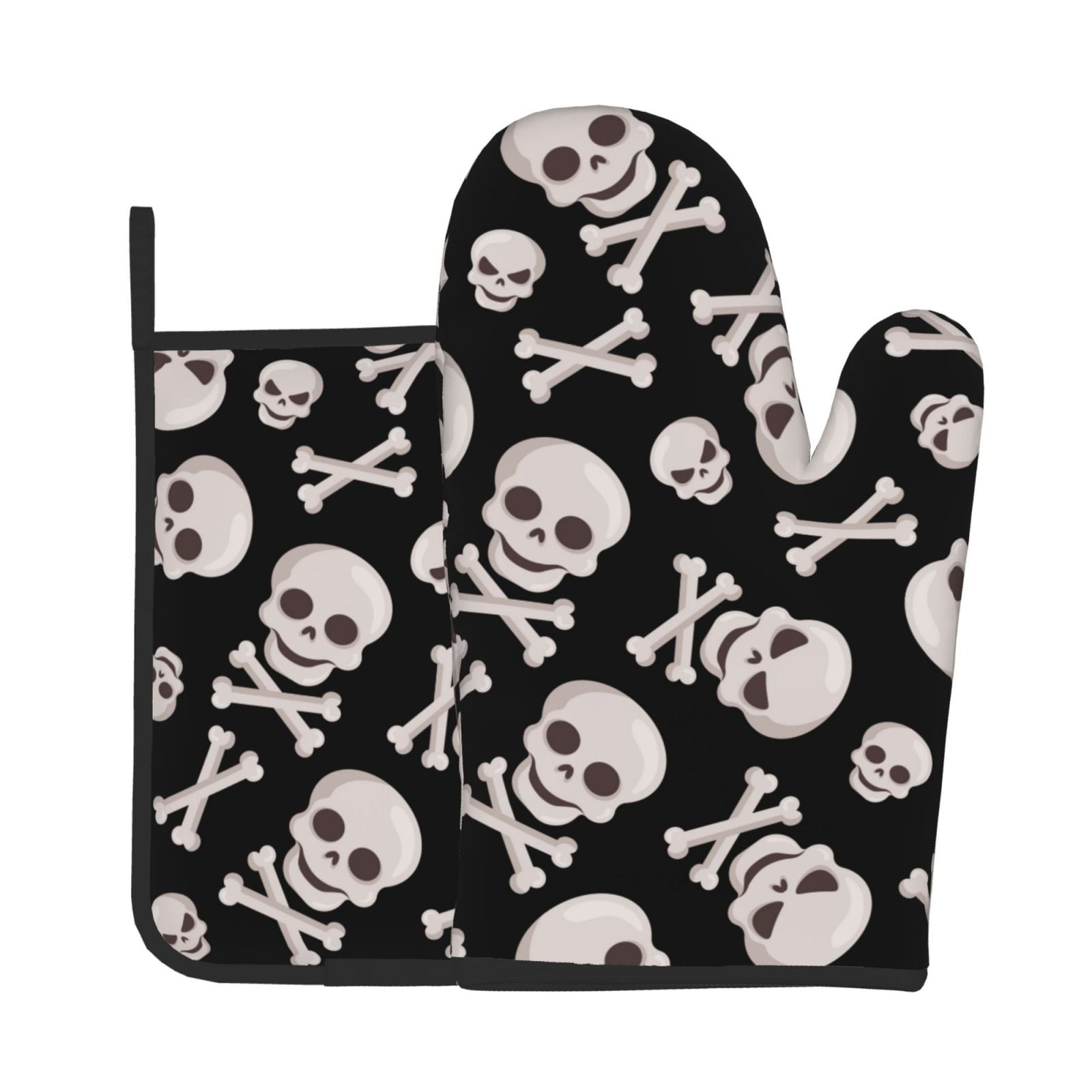 Tebeau black white Skull bone Print Oven Mitts and Pan Racks 2-Piece ...