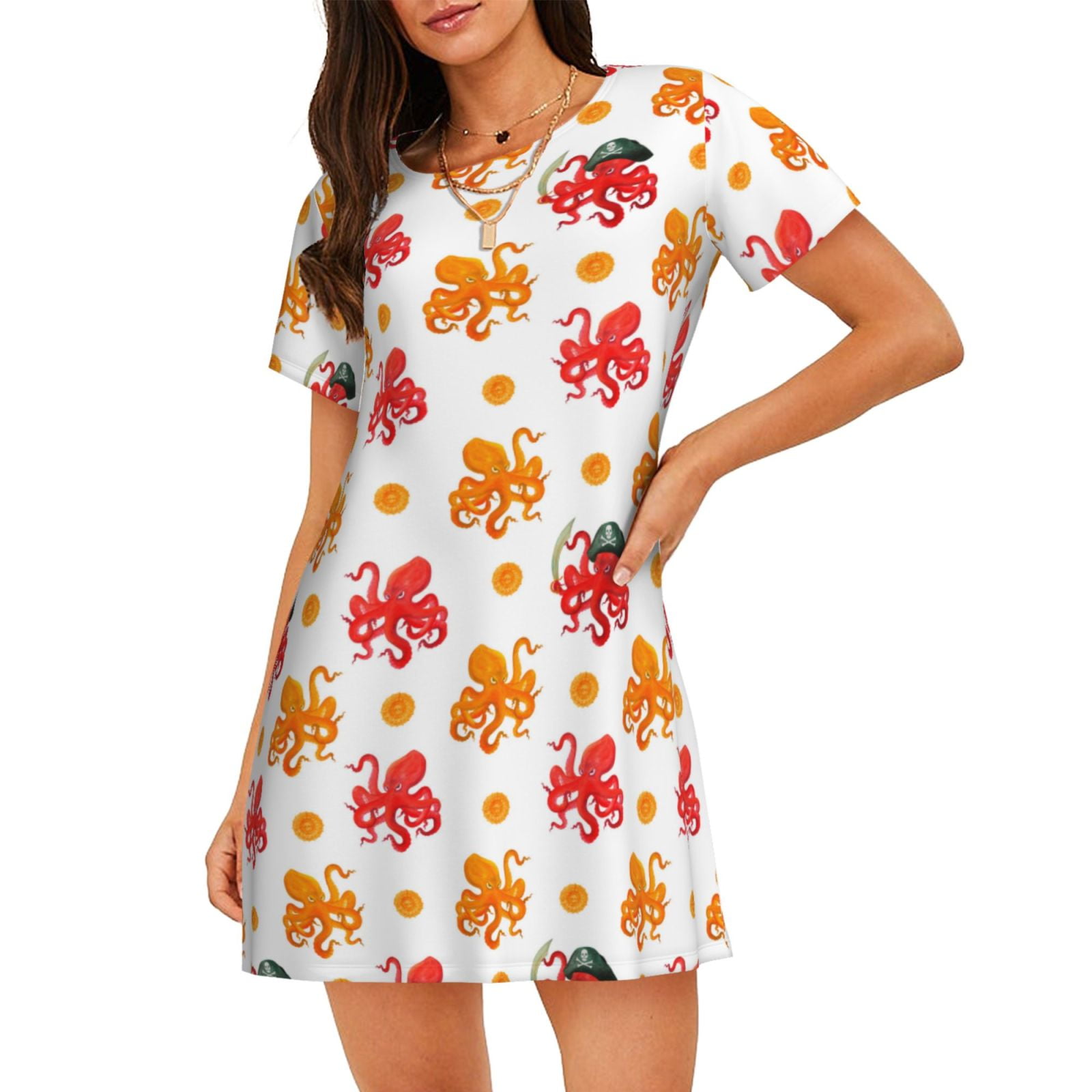 Tebeau octopuses Print Women's Loose Short Sleeve Nightgown, Soft Sleep ...