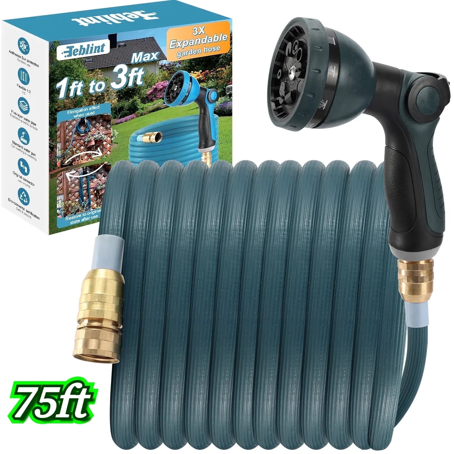 Teblint Expandable Garden Hose 75ft, 2025 New 3X Expandable Hose, Retractable Flexible Water ...