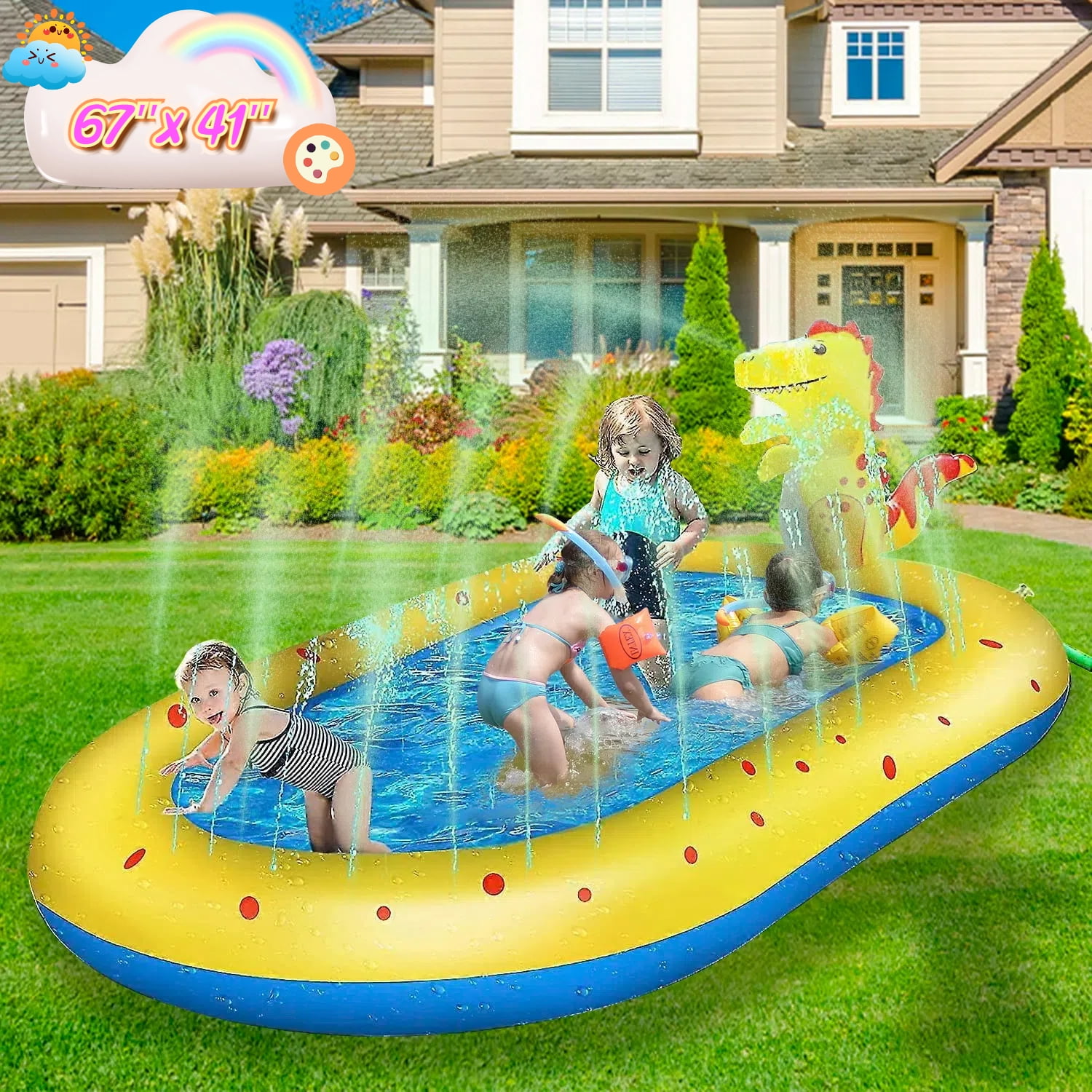 Teblint Inflatable Pool, 67'' x 41'' x 26'' Sprinkler Swimming Pool ...