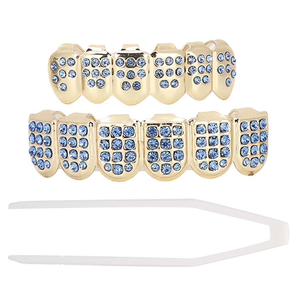 Tebru Gold Blue Grills Set Lower Bottom Mouth Tooth Bling Hip Hop Teeth ...