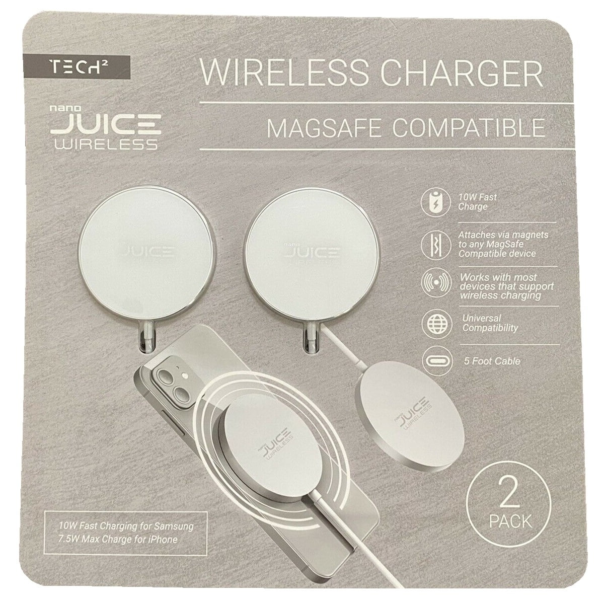 Tech Squared Nano Juice Wireless Charger, MagSafe Compatible, Pack of 2 ...