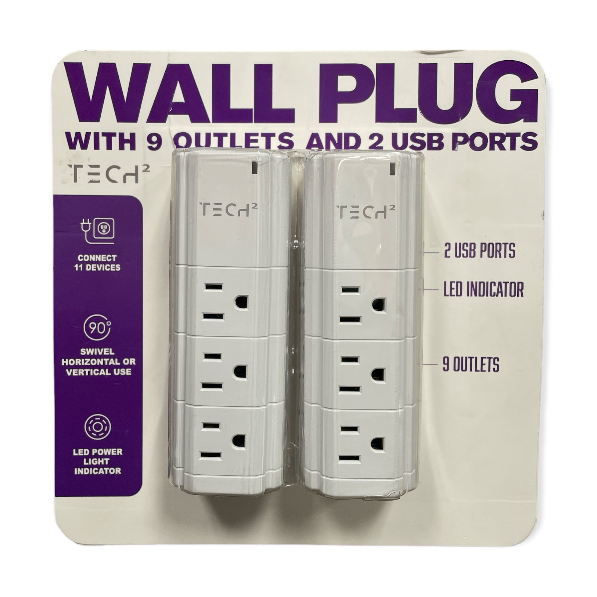Tech2 9 Outlet 2 USB Port Wall Plug, 2 Pack, White - Walmart.com