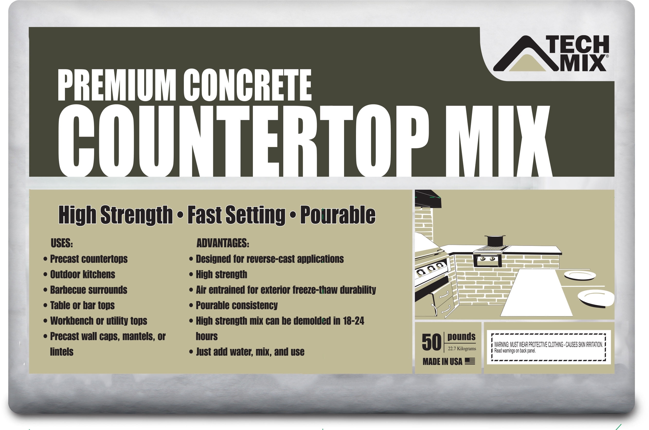 TechMix Premium Concrete Countertop Mix - Gray Solid Surface 50 Pound ...