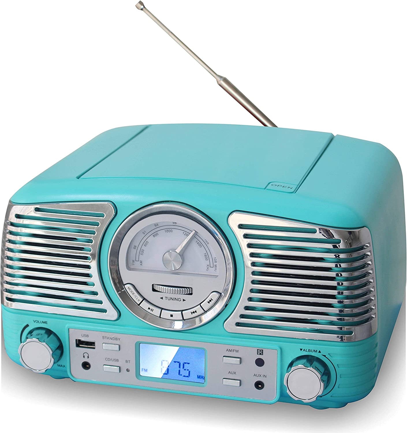 TechPlay QT62BT Turqouise , Retro design compact stereo CD, with AM/FM rotary knob, Wireless ...