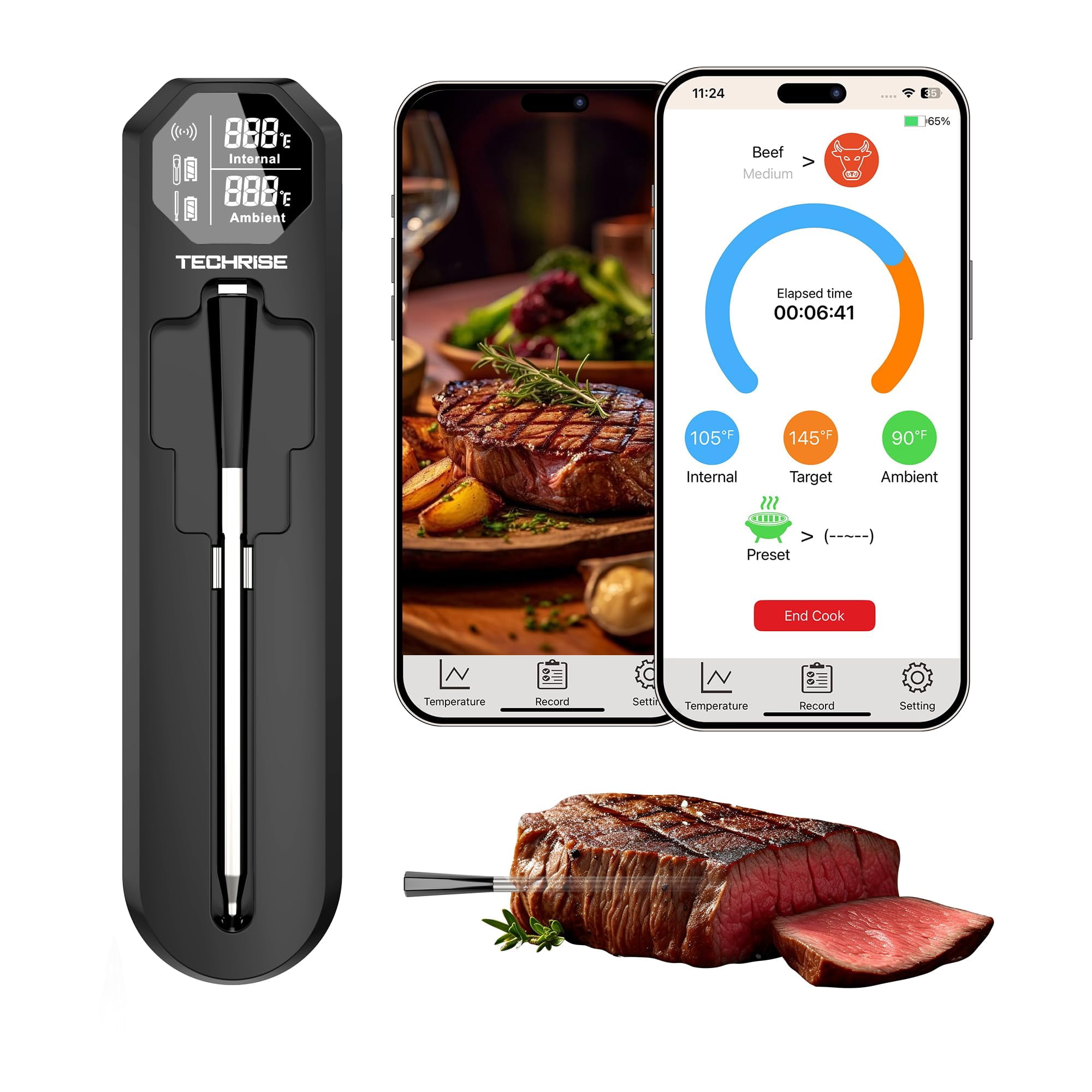 TechRise Bluetooth Wireless Meat Thermometer with APP, Wireless BBQ ...