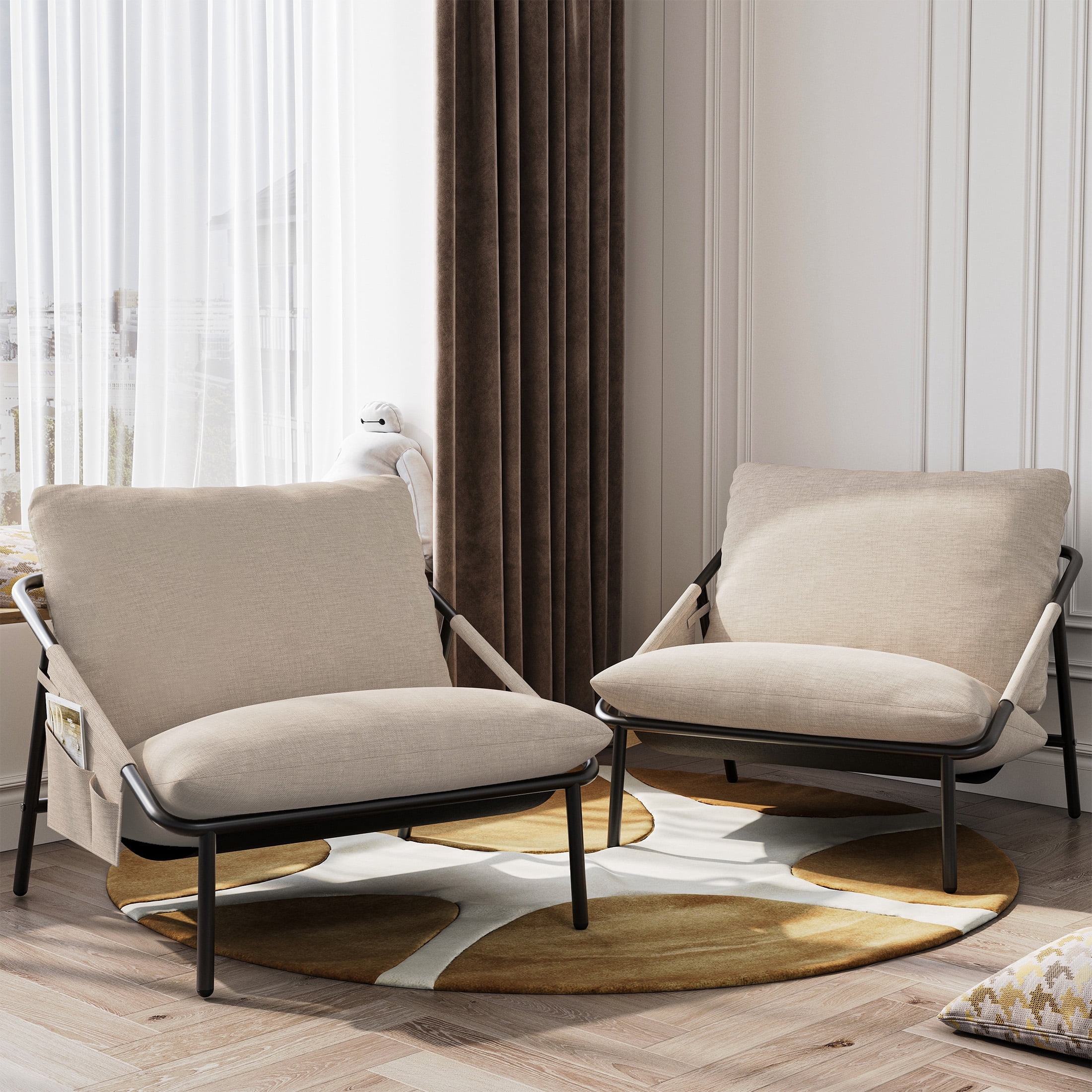 TECHMILLY Modern Beige Sling Accent Chairs Set of 2, Cushioned Chairs ...
