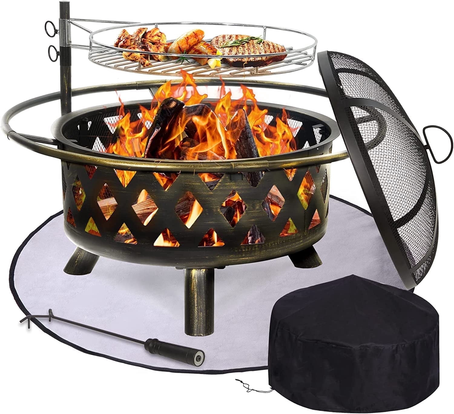 Techmilly Steel Fire Pit for Outside 30 inch with Cover, Removable BBQ ...