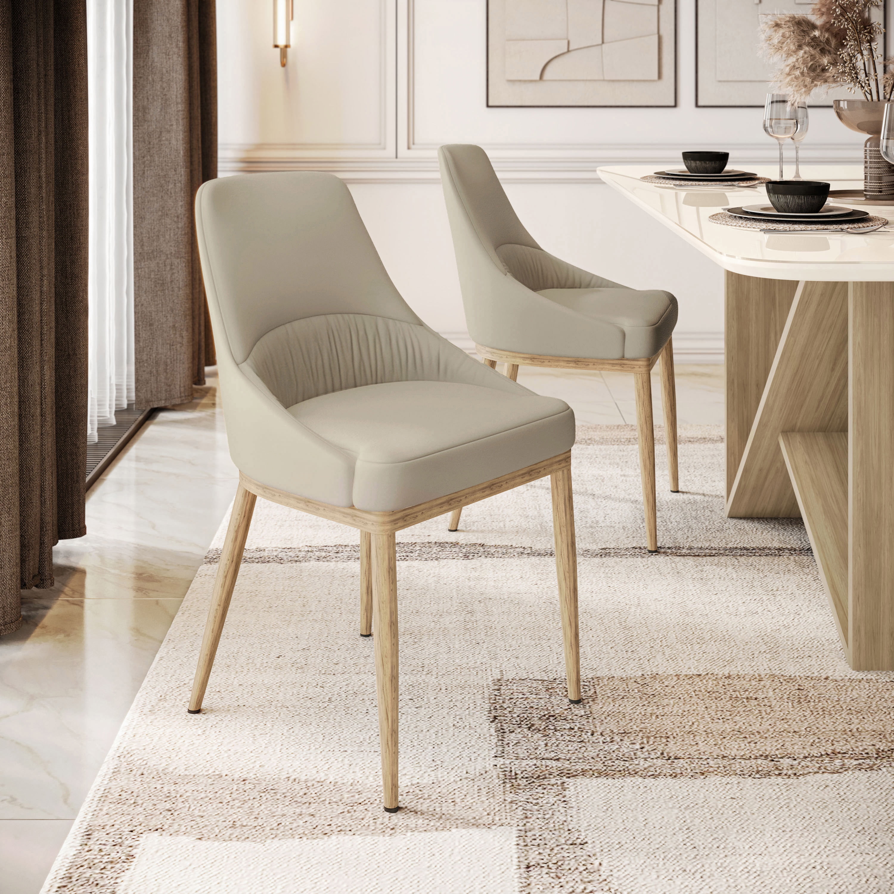 Techni Home Set of 2 Taupe Faux Leather Armless Dining Chairs with Wood ...