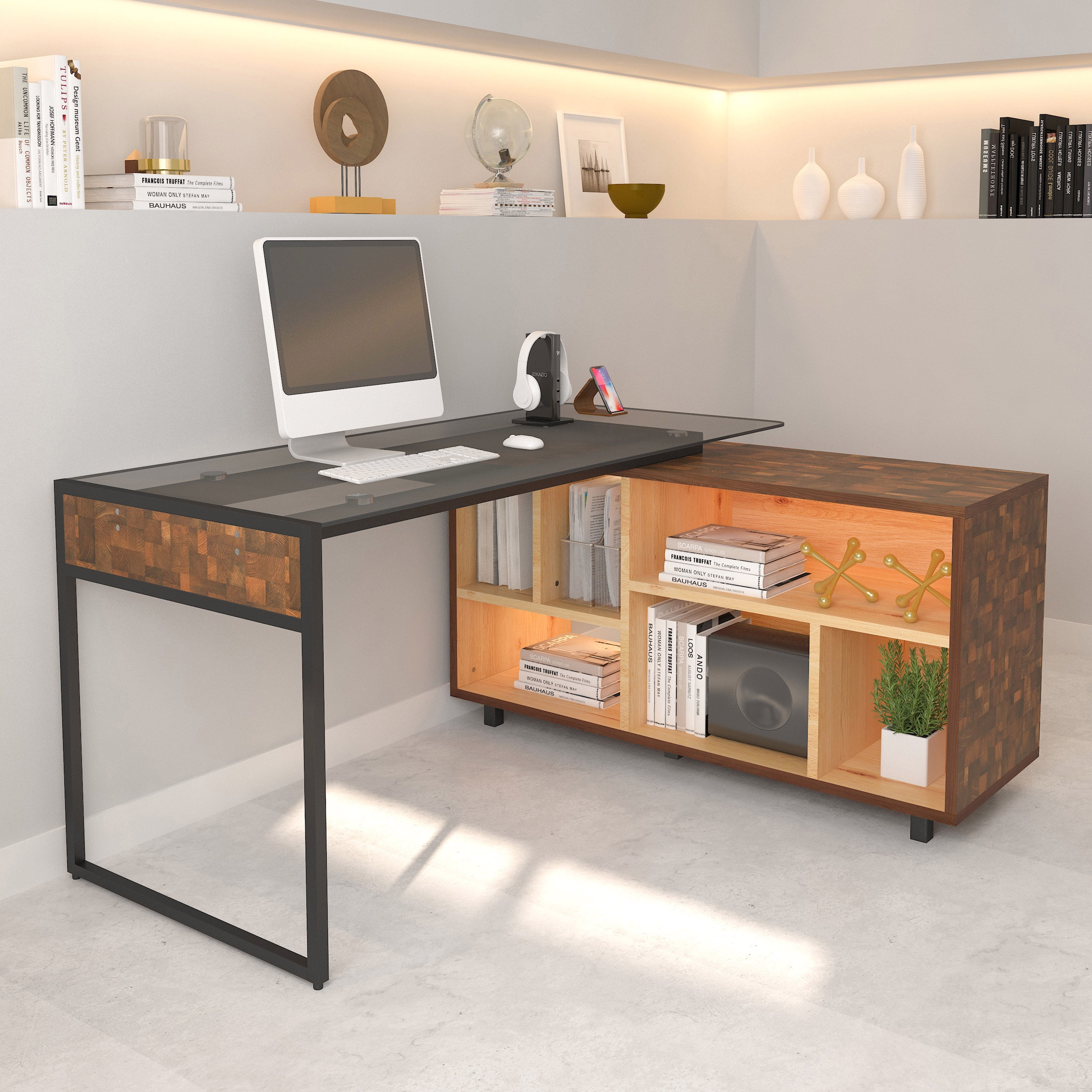 Techni Mobili L-Shape Corner Desk with Multiple Storage, Oak RTA-385DL ...