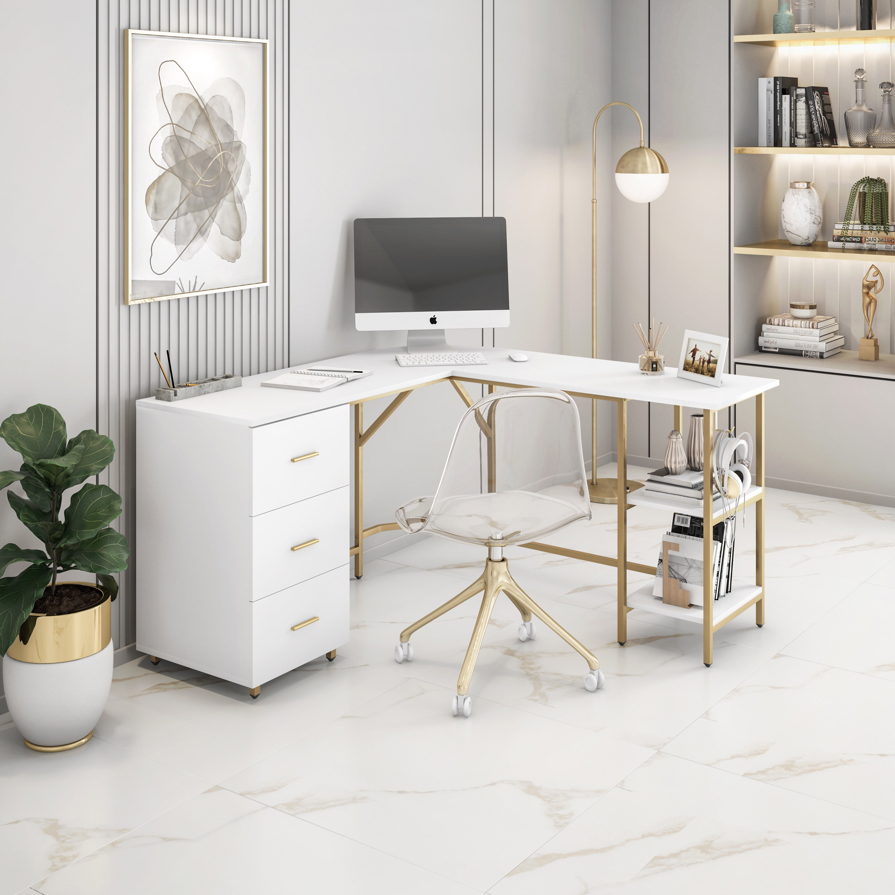 Techni Mobili L Shape Home Office Two Tone Desk with Storage Gold