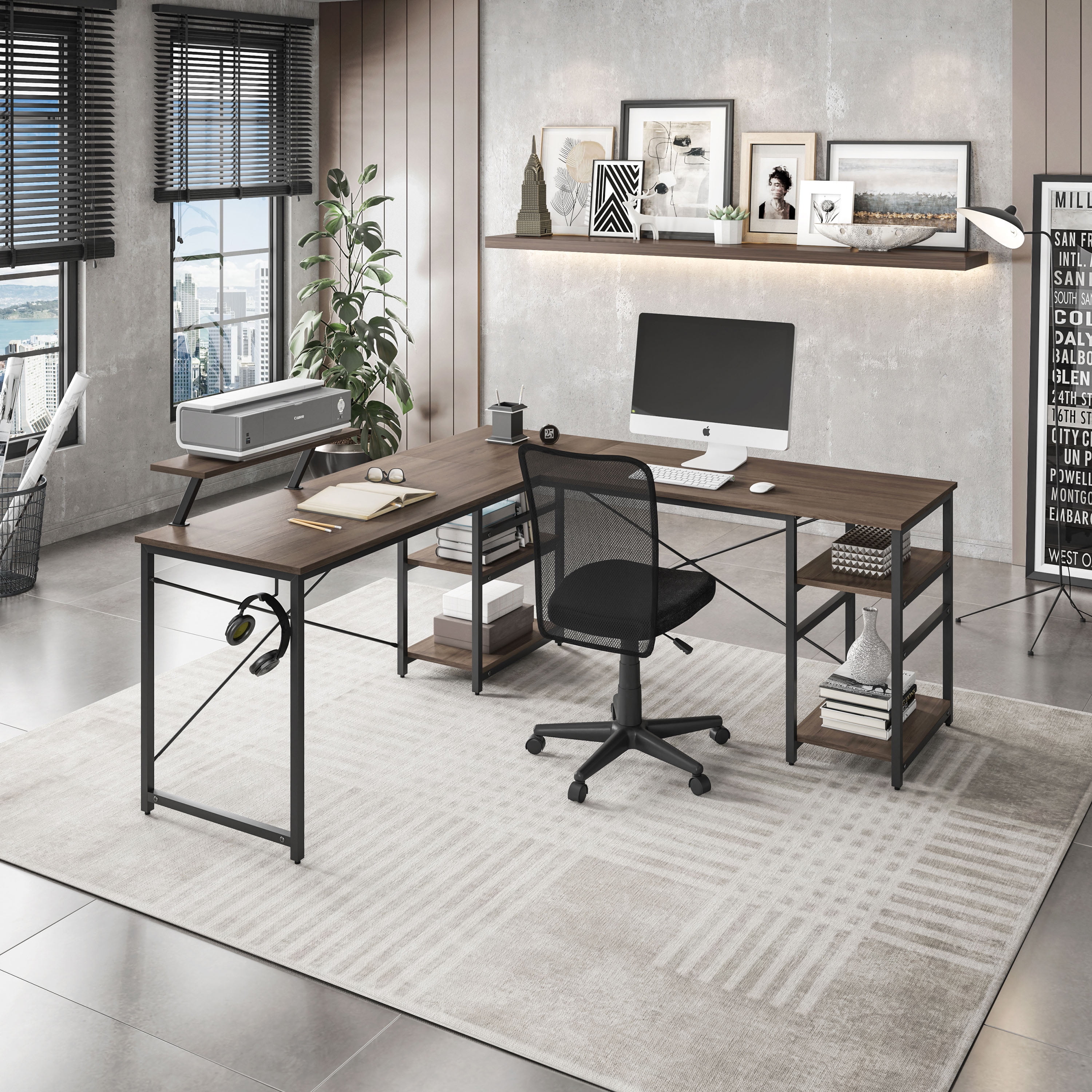 Techni Mobili L-Shape Industrial Desk with Storage Shelves, Walnut RTA ...