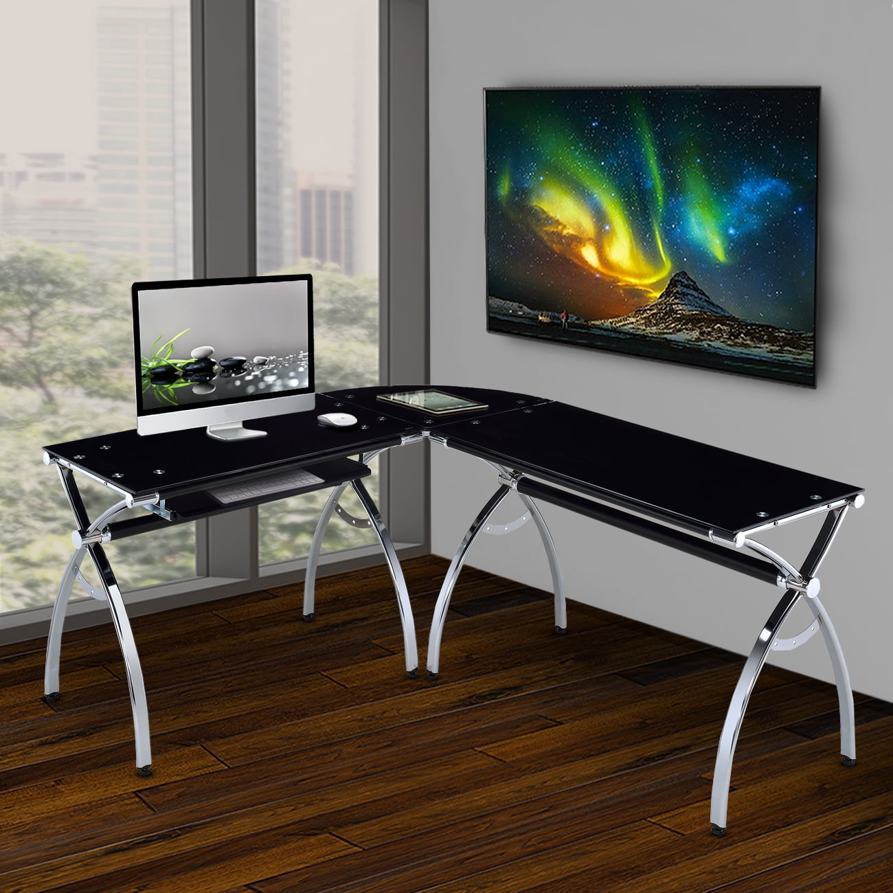 Techni Mobili L-Shaped Colored Tempered Glass Top Corner Desk with Pull ...