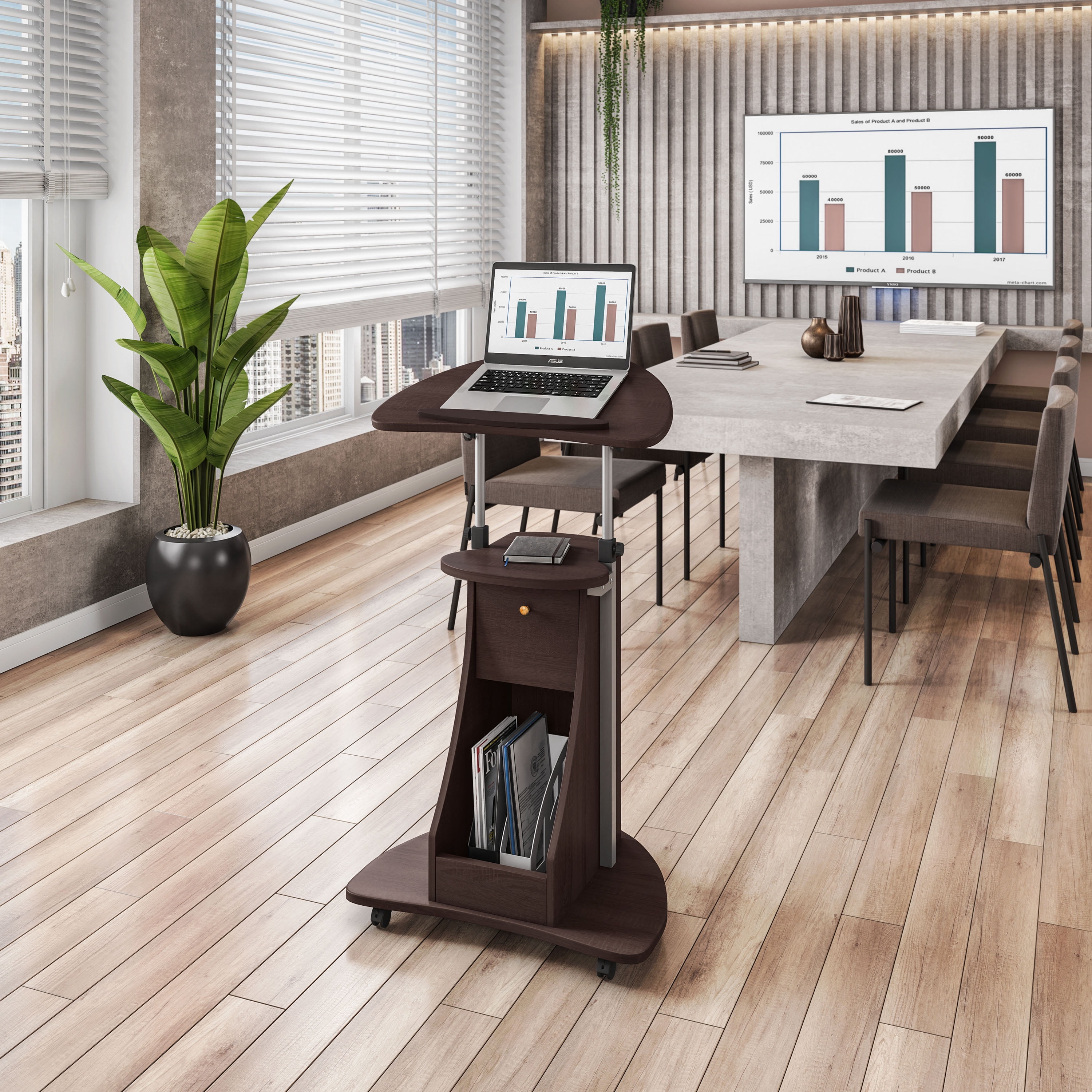 Techni Mobili Sit-to-Stand Rolling Adjustable Laptop Cart With Storage ...