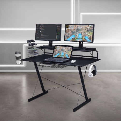 Techni Sport TS-200 Carbon Computer Gaming Desk with Shelving, Black ...