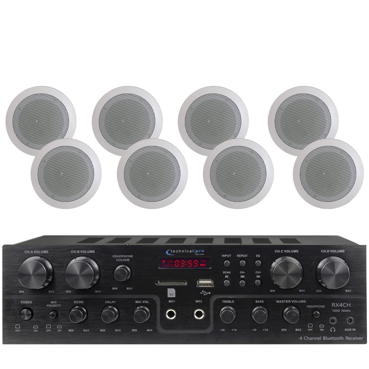 Technical Pro 4 Room 1000W 4 Channel Bluetooth Receiver 4 Pair Wall ...