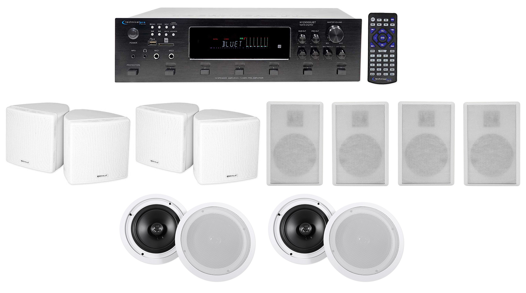 Technical Pro 6-Zone Home Theater Receiver+White Cube+Wall+8" Ceiling ...