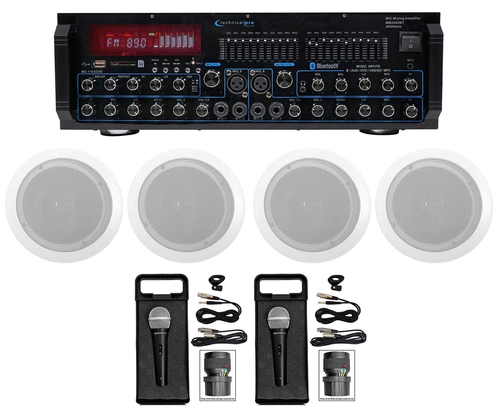 Technical Pro MM2000BT Bluetooth Karaoke Mixer System and (4) 6.5" Ceiling Speakers - Walmart.com