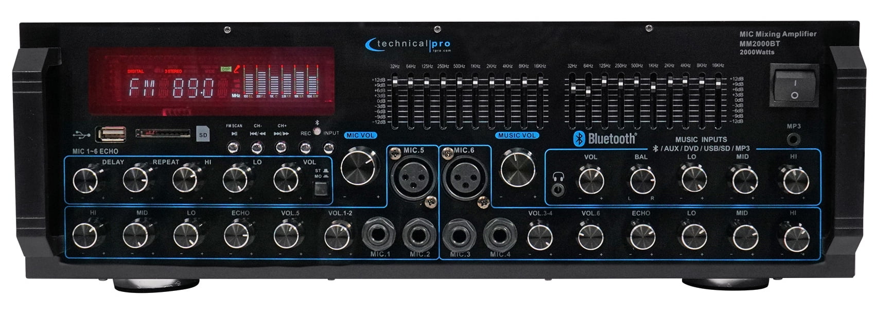 Technical Pro MM2000BT Powered Bluetooth Karaoke Mixer Amplifier Amp SD ...