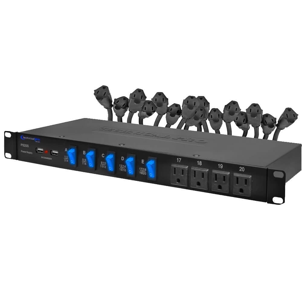 Technical Pro PS20S 20 Outlet 4 USB Port Rackmount Power Supply and ...