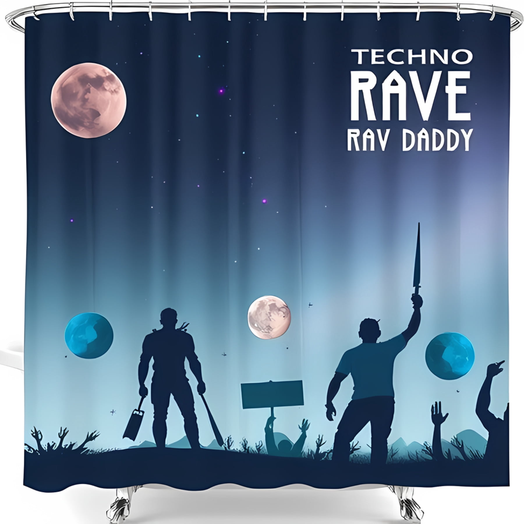 Techno Rave Shower Curtain - Vibrant Scene with Silhouetted Figures ...