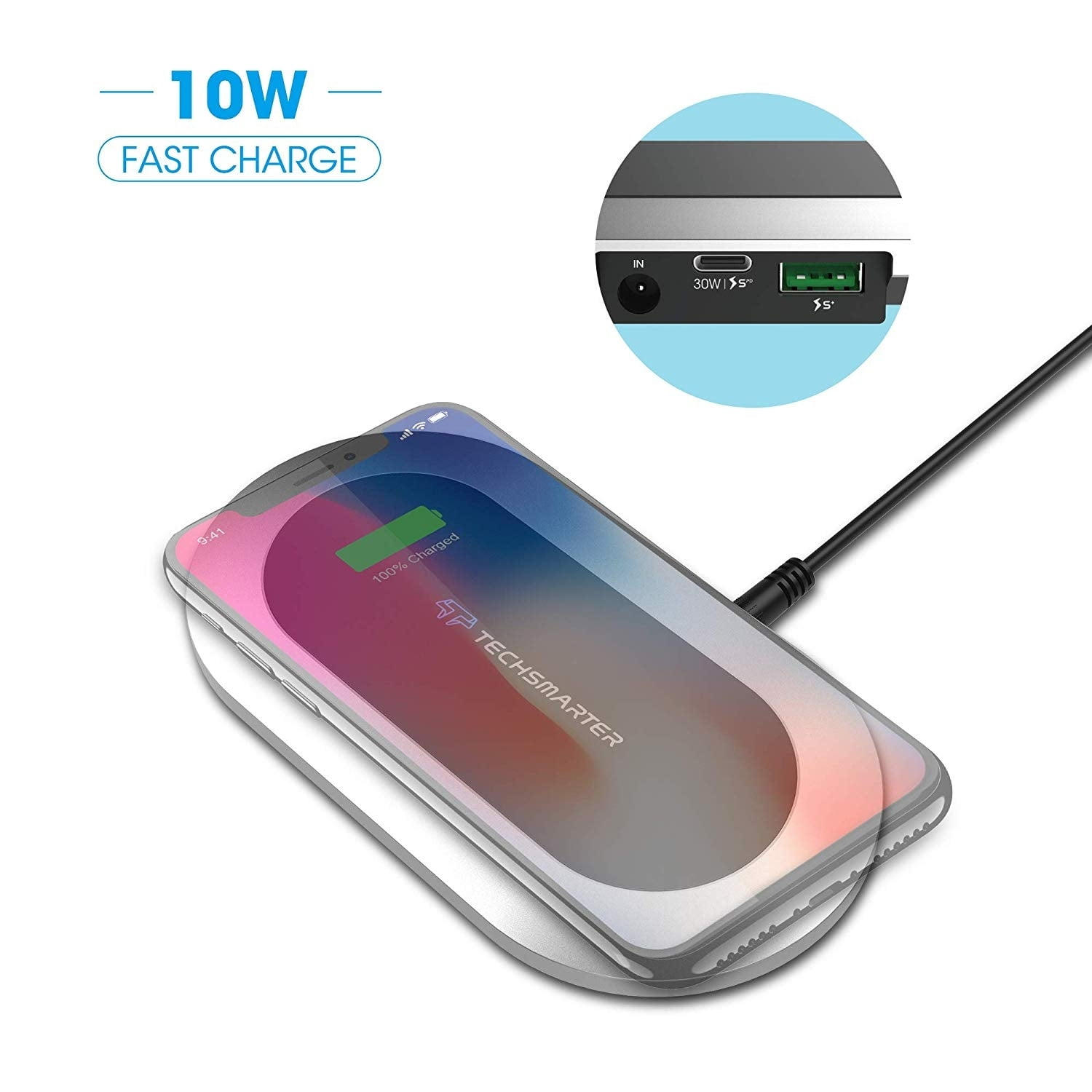 Techsmarter Qi Wireless Charger Pad with 30W Power Delivery USB C Port ...