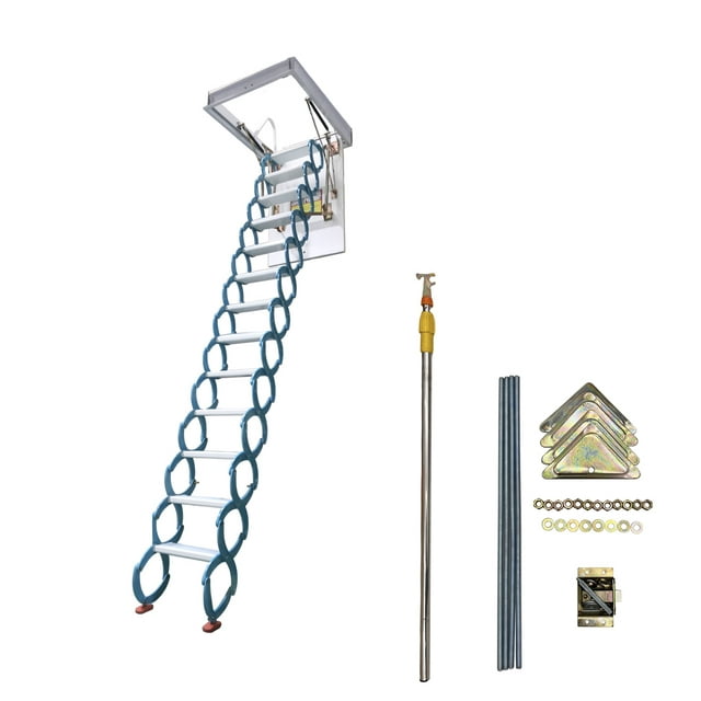 Techtongda Blue Retractable Pull-Down Attic Ladder, Aluminum ...