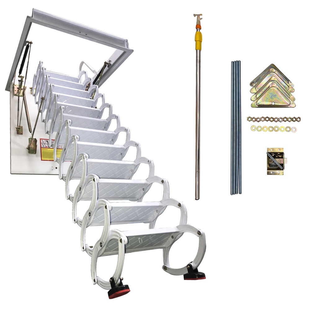 Techtongda White Attic Pull Down Ceiling Ladder Stairs Loft Ladder Stair Carbon Steel 12 Steps ...