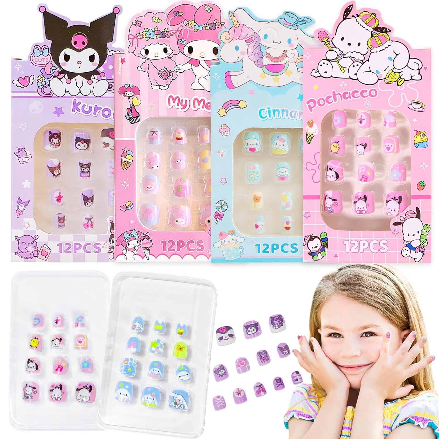 TecoKart 48Pcs Press on Nails for Kids Cute Cartoon Fake Nails with ...