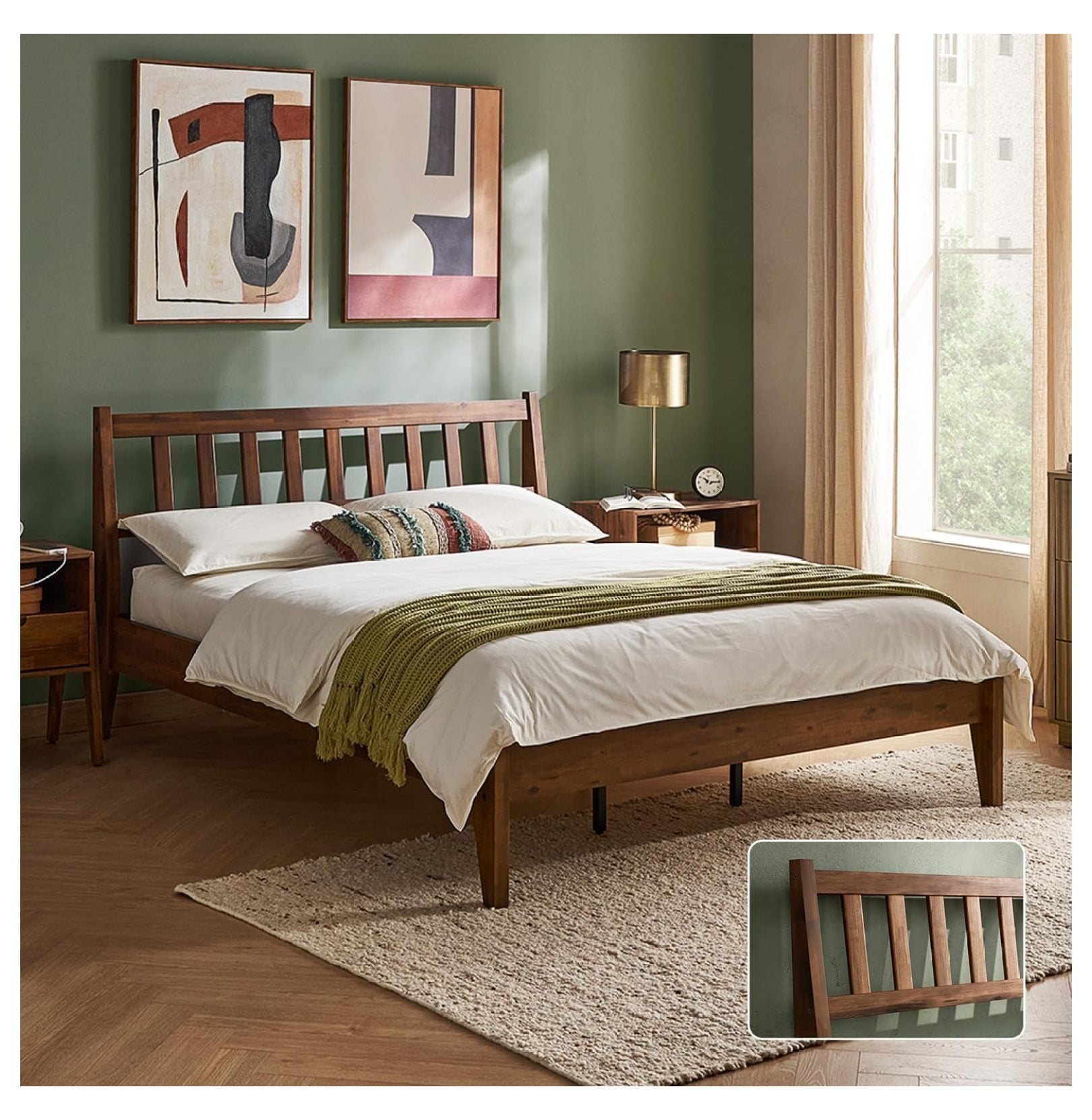 Ted Bed Frame with Headboard, Century Modern Acacia Solid Wood Platform Bed Frame, Wooden Slats ...