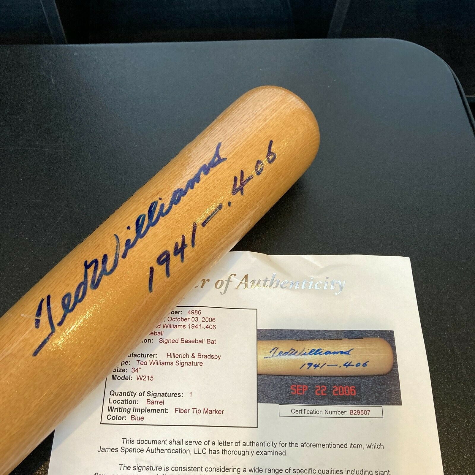 Ted Williams "1941 .406 Average" Signed Inscribed Game Model Baseball ...