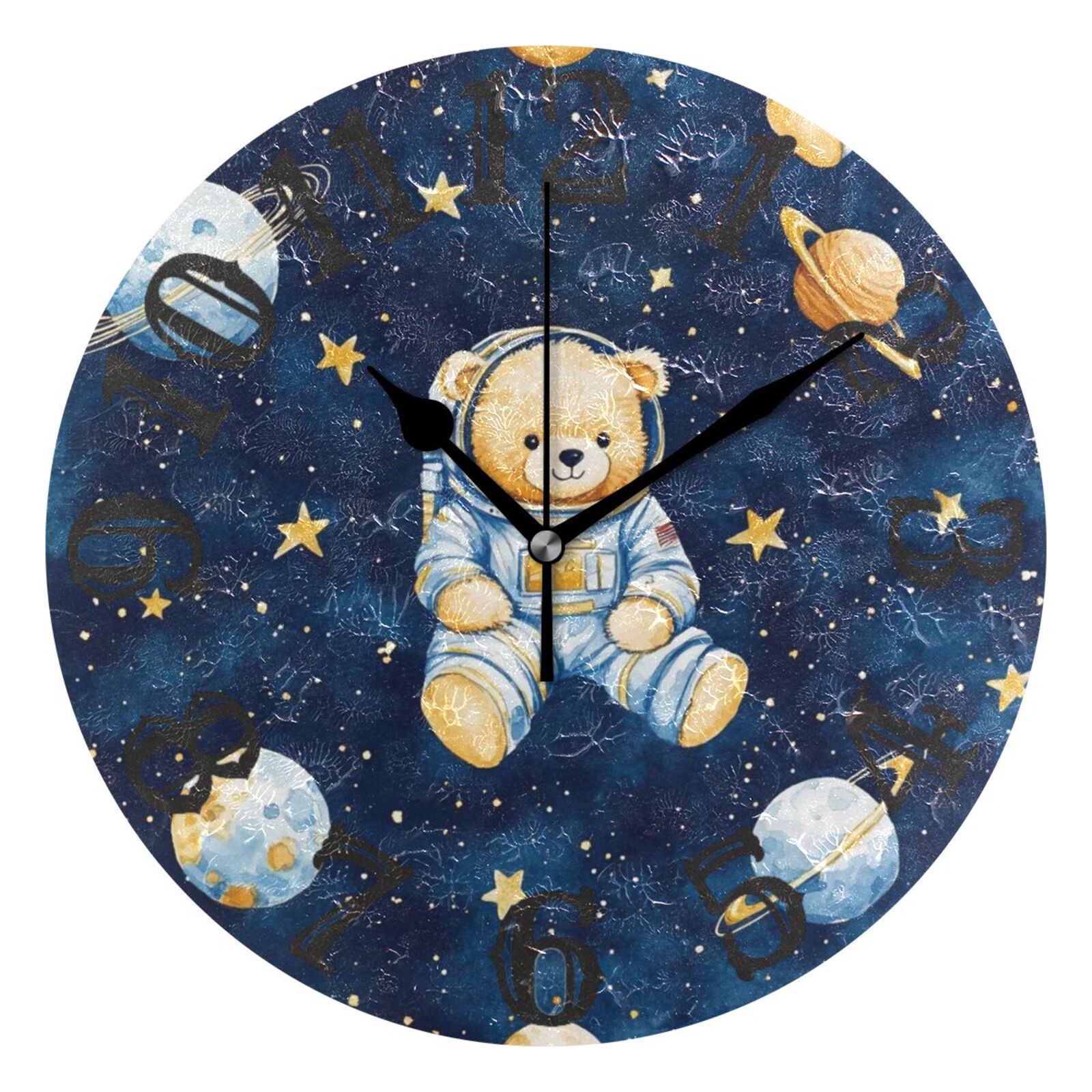 Teddy Bear Astronaut Stars Wall Clock 10 inch Non-Ticking Easy to Read ...