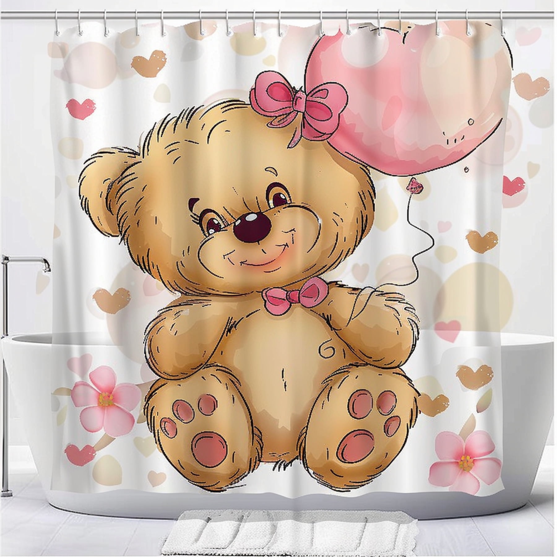 Teddy Bear Cartoon Shower Curtain Adorable Design with HeartShaped ...