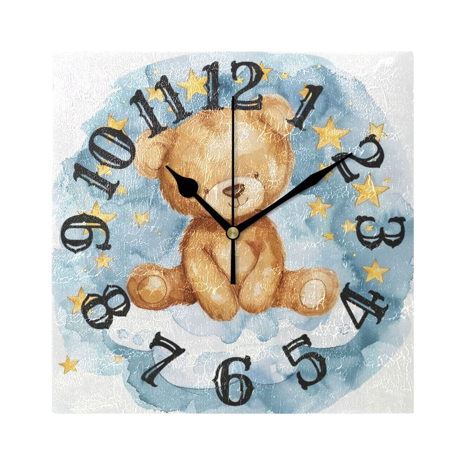 Teddy Bear Clouds Wall Clock Square Silent Non Ticking Battery Operated ...