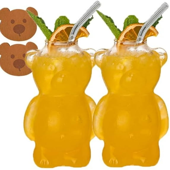 Teddy Bear Glass Cup With Straw, 350ml Bear Shaped Cups, Glass Bears ...