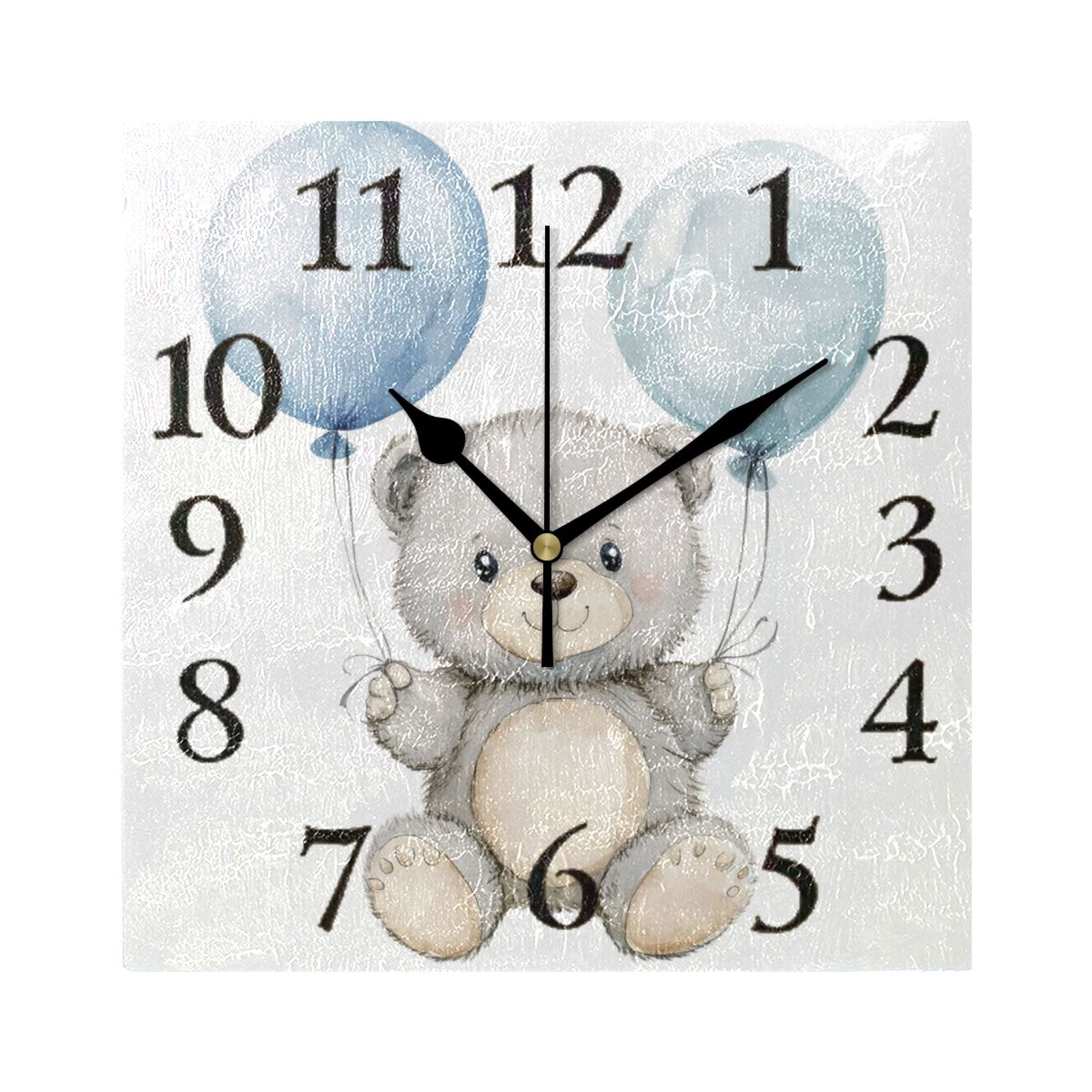 Teddy Bear Holding Blue Balloons Square Wall Clock Battery Operated ...