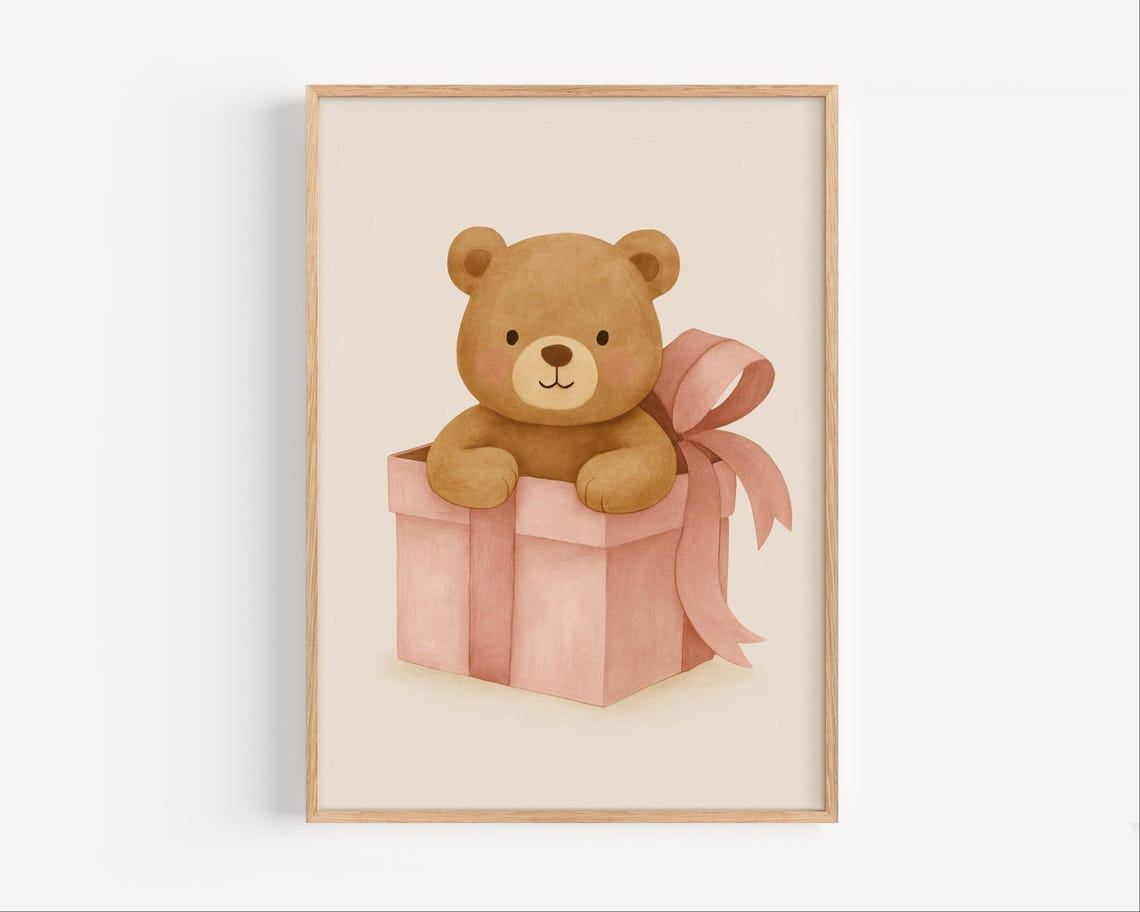 Teddy Bear Nursery Poster, Baby Room Wall Art, Cute Bear In Box ...