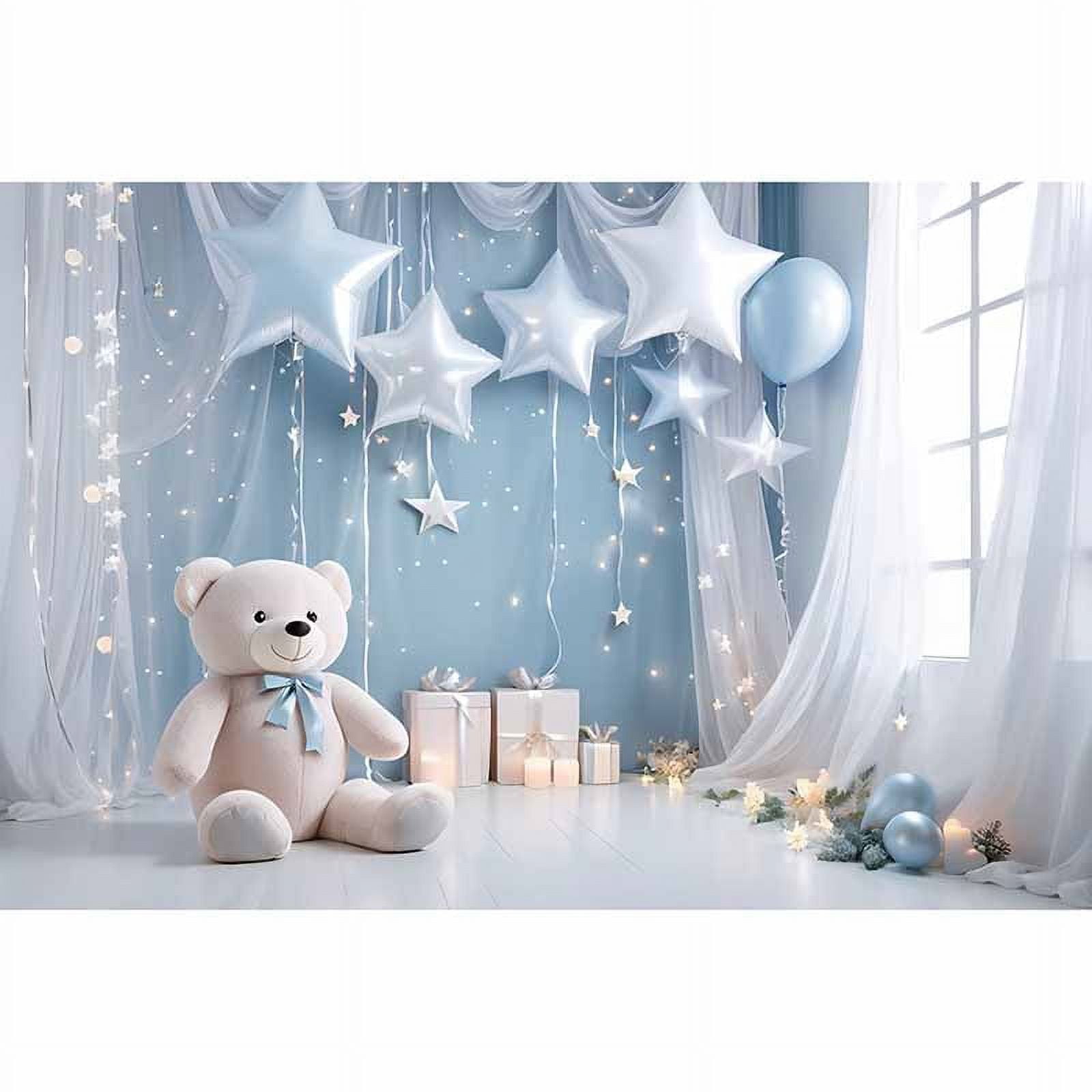 Teddy Bear One Birthday Photocall Backdrop Boys Blue White Balloon ...