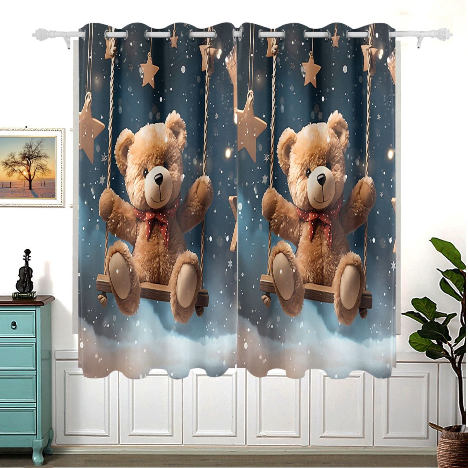 Teddy Bear Stars Starry Sky Blackout Curtain Panels 63x55in Drapes ...