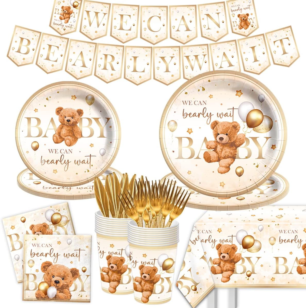 Teddy Bear - Themed "We Can Bearly Wait" Baby Shower Party Supplies Set ...