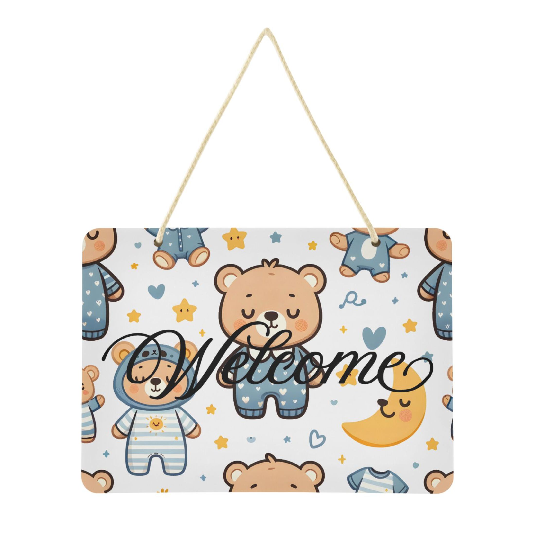 Teddy Bear and Moon Welcome Sign Front Door PVC 14x10 inch Hanger Hello ...