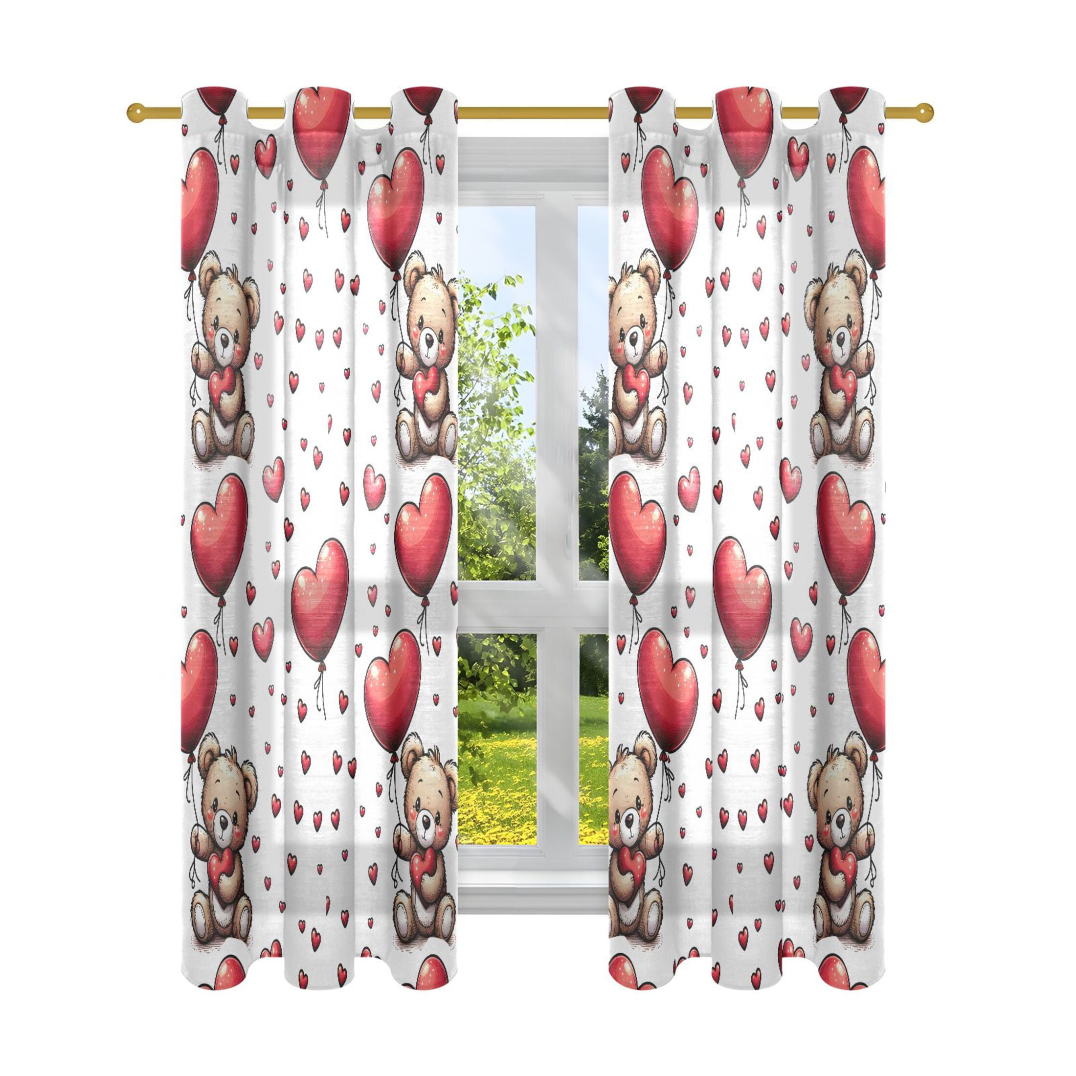 Teddy Bear with Heart Balloon Sheer Curtains Grommet Drapes Light ...