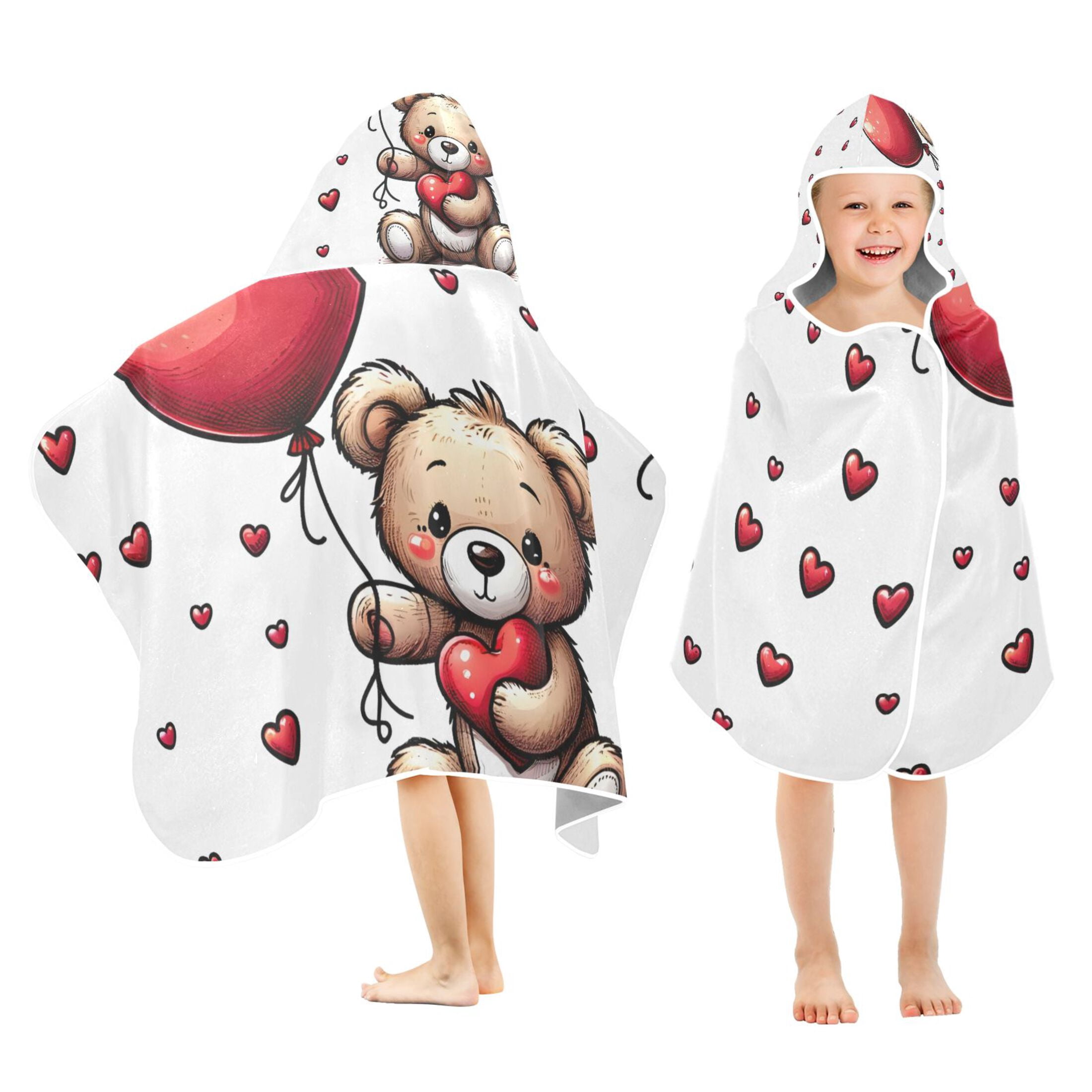 Teddy Bear with Heart Balloon Toddler Hooded Beach Towel 24" x 50" Kids ...